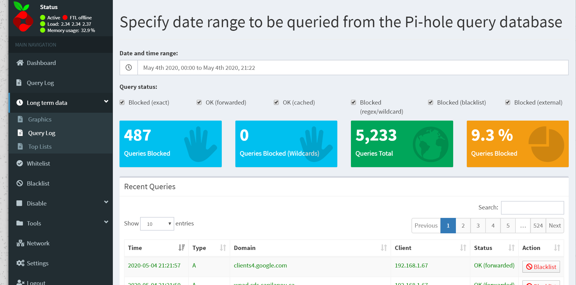 Dashboard no data and query-log gives different results - Help - Pi-hole Userspace