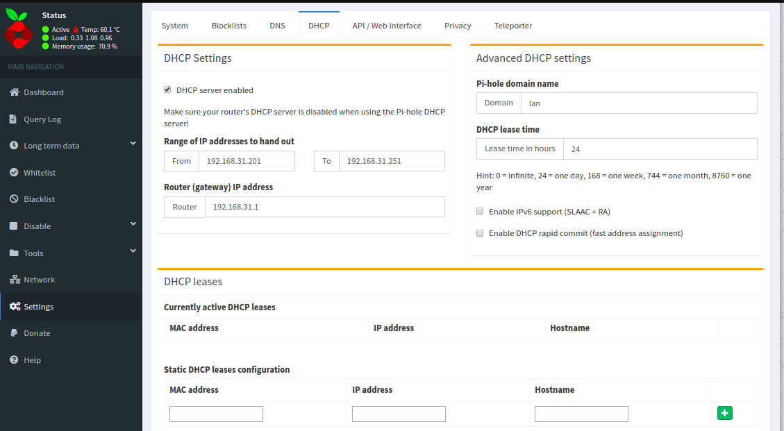 Settings Missing & DHCP devices not showing - Help - Pi-hole Userspace