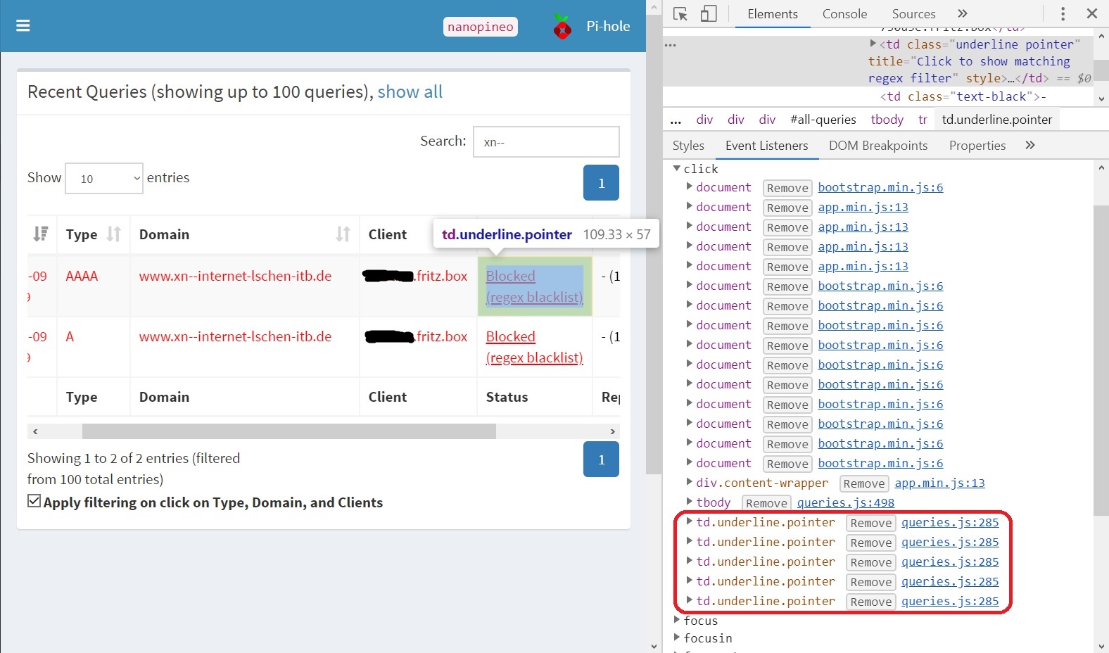 Query log link to regex rule opens multiple tabs - Beta 5.0 - Pi-hole Userspace