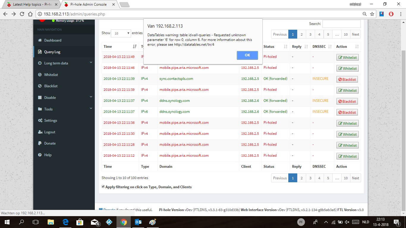 Ftl dns data tables warning - Help - Pi-hole Userspace