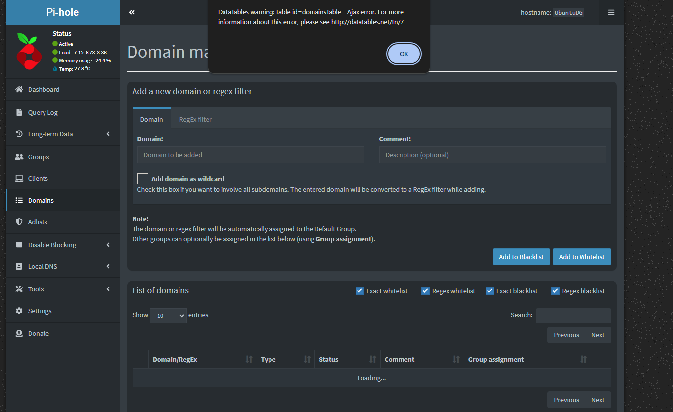 Error after adding many whitelisted domains - Help - Pi-hole Userspace
