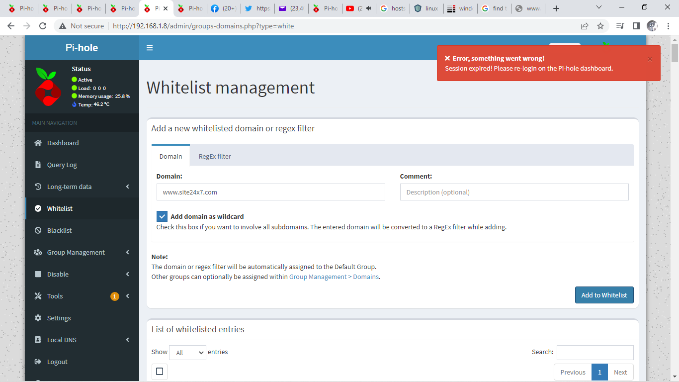 Whitelist page times out even though I tick 7 days at logon - General - Pi-hole Userspace