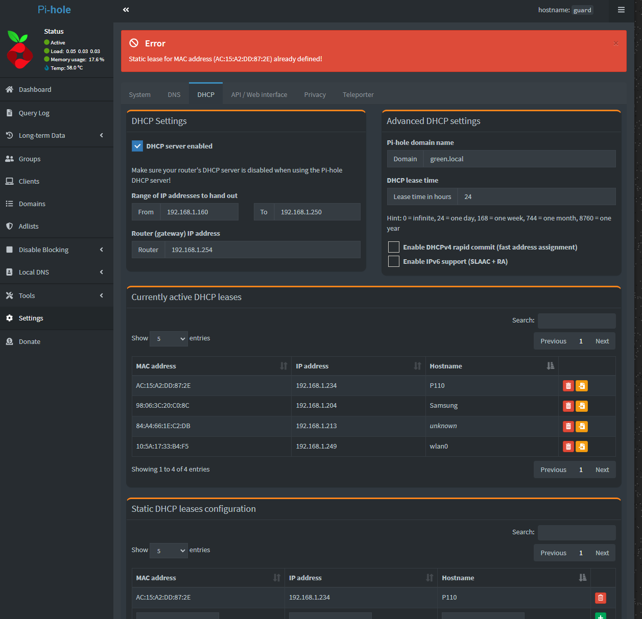 DHCP Static lease for MAC address xx) already defined! - Help - Pi-hole Userspace