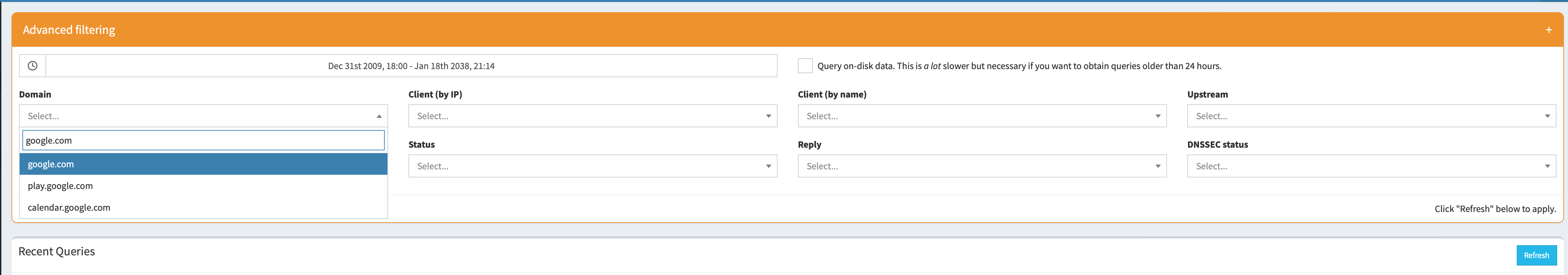Query log - advanced filtering - Domain -> not working - Beta 6.0 - Pi-hole Userspace