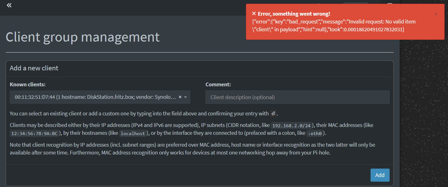 Add client or group in management doesn't work - Beta 6.0 - Pi-hole Userspace