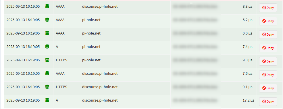 DNS queries for "discourse.pi-hole.net" and "pi-hole.net" while opening the Pi-hole Frontend ...