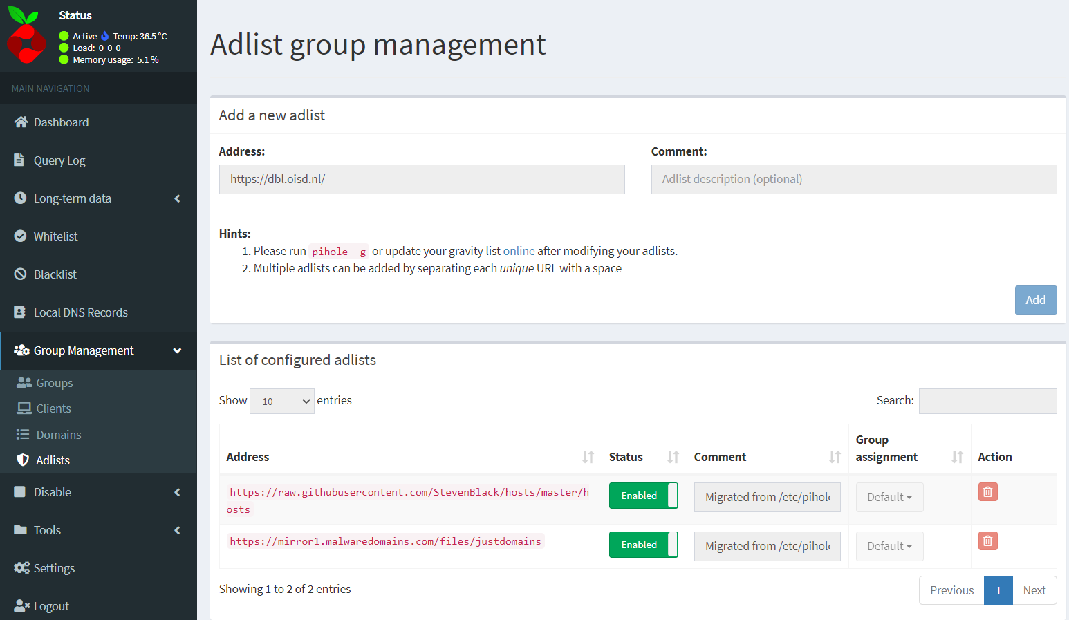 Ad-list via web interface - Help - Pi-hole Userspace
