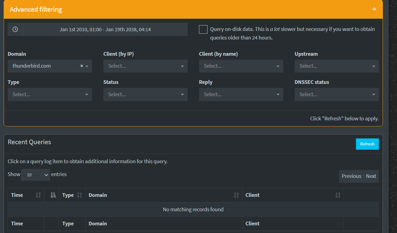 Query log - advanced filtering - Domain -> not working - Beta 6.0 - Pi-hole Userspace