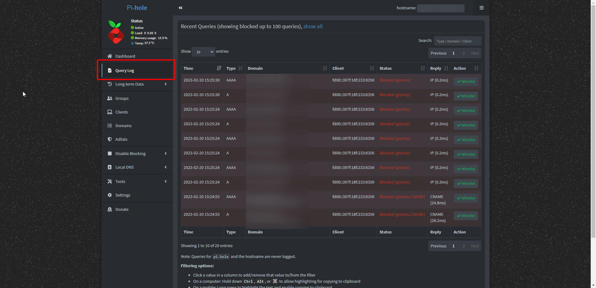 Pihole Query log Recent Queries wird automatisch geleert - Deutschsprachige Hilfe - Pi-hole ...