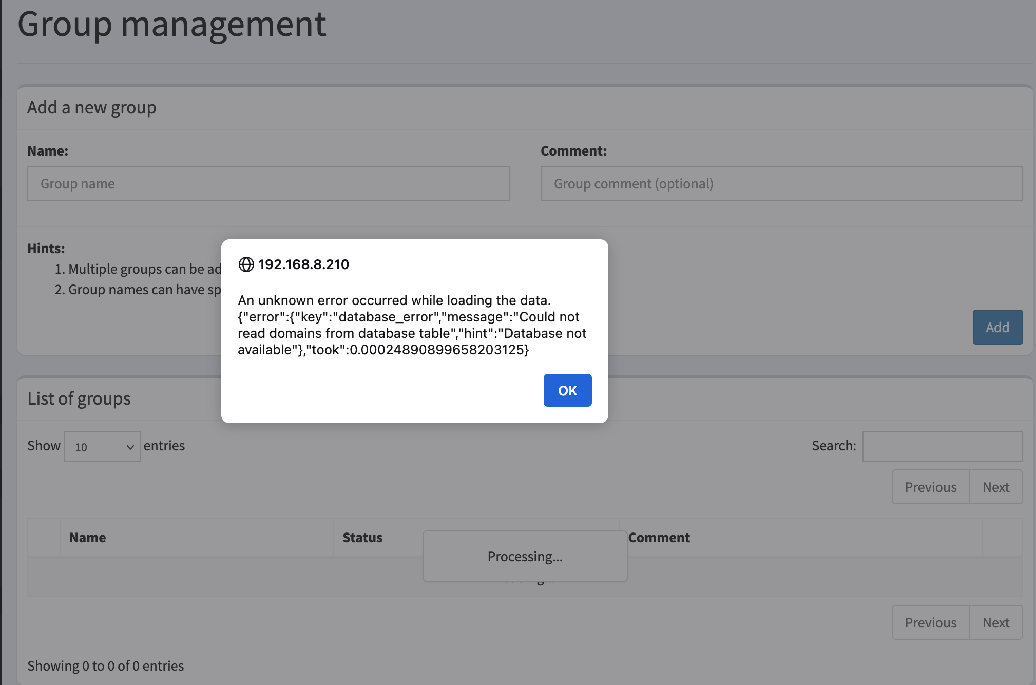 Statx & Group Managment database error - Help - Pi-hole Userspace