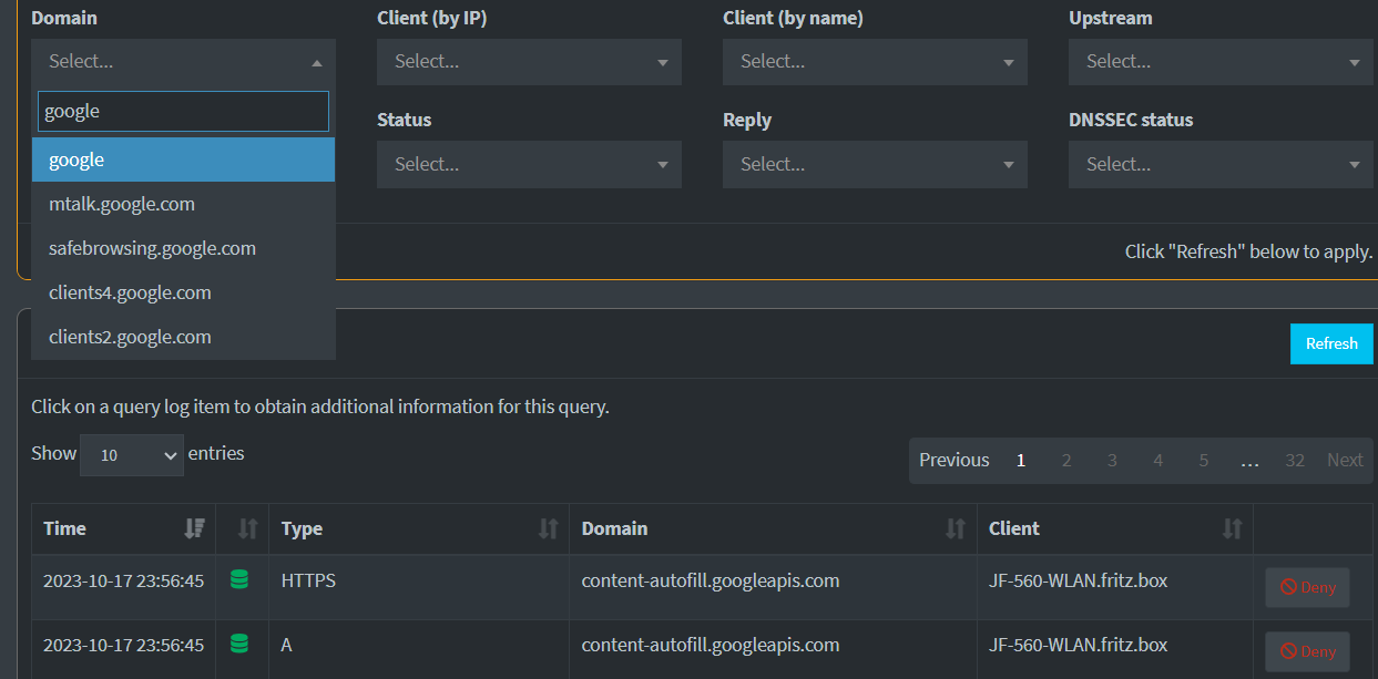 Query log - advanced filtering - Domain -> not working - Beta 6.0 - Pi-hole Userspace