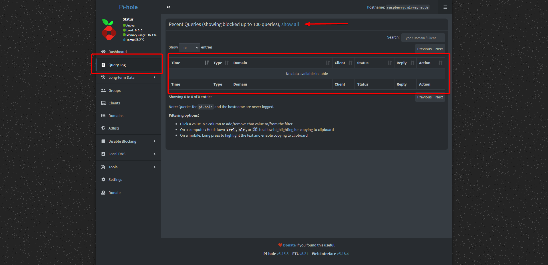 Pihole Query log Recent Queries wird automatisch geleert - Deutschsprachige Hilfe - Pi-hole ...
